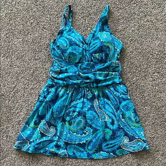 Denim&Co | Swim | Denimco Beach Ruched Flounce Swim Dress Blue Paisley ...